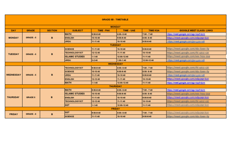 Grade 5B Weekly Timetable | PDF
