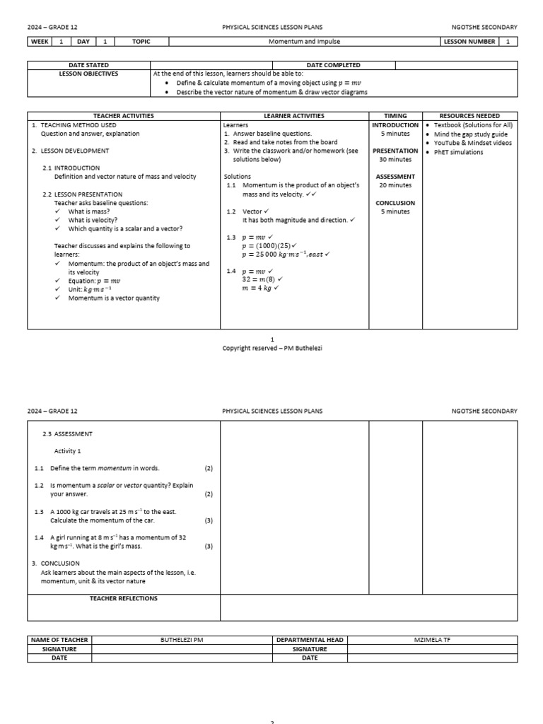 Lesson Plans - Grade 12 | PDF | Collision | Force