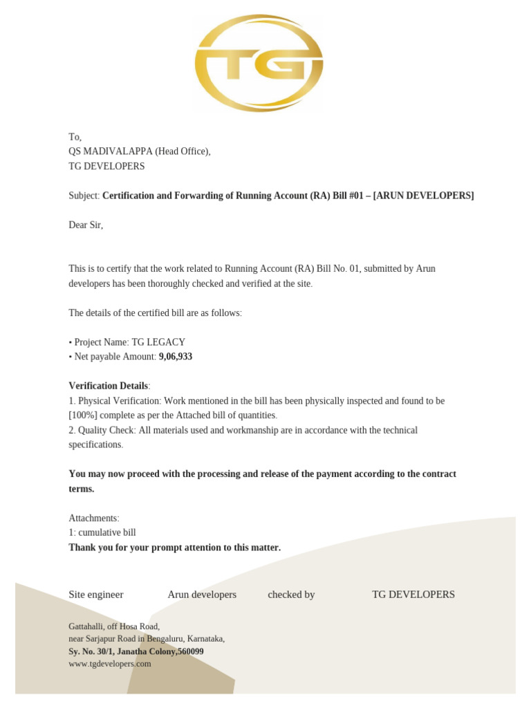 Certification of RA Bill #01 for TG Legacy | PDF