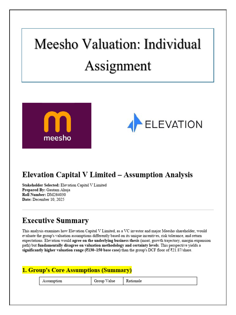 Elevation Capital Individual Assignment | PDF | Valuation (Finance) | Risk