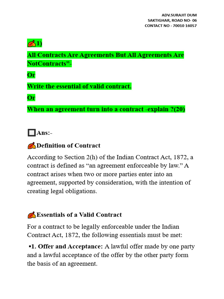 Essentials of Valid Contracts Explained | PDF | Specific Performance ...