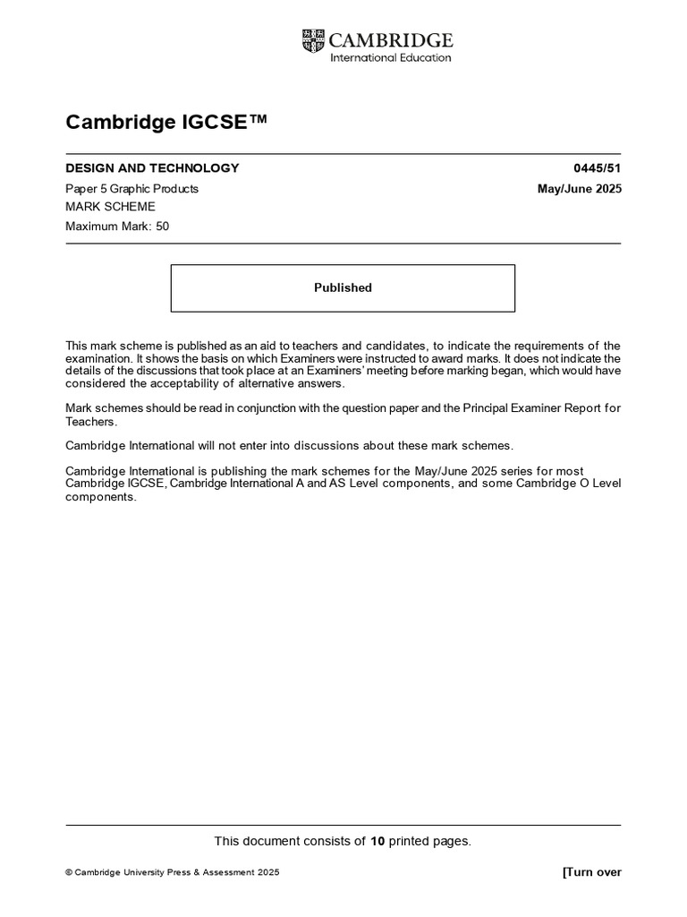Cambridge IGCSE Design Technology Mark Scheme | PDF