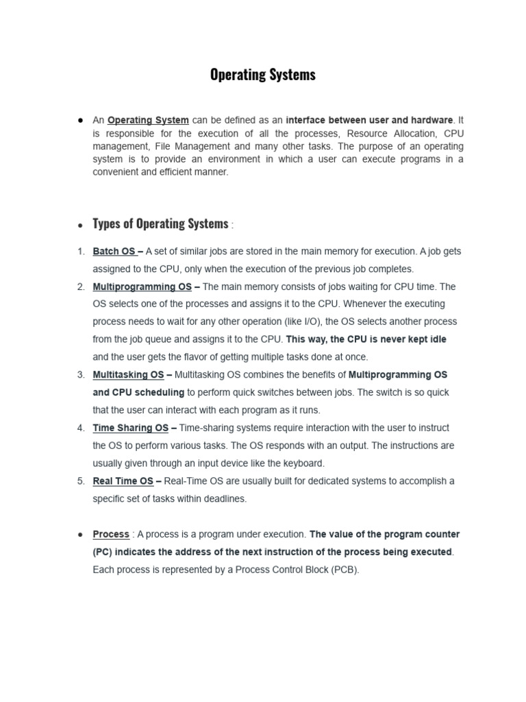 Operating System Notes | PDF | Process (Computing) | Operating System