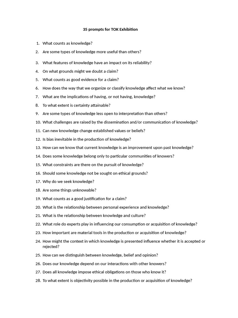 35 TOK Exhibition Knowledge Prompts | PDF