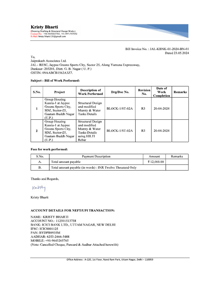 Bill of Work - Kassia Project | PDF