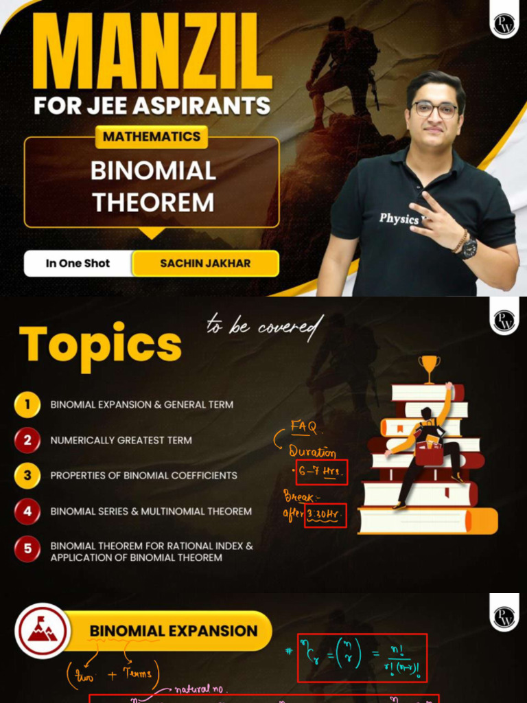 Binomial Theorem Class Notes Manzil JEE 2025 | PDF