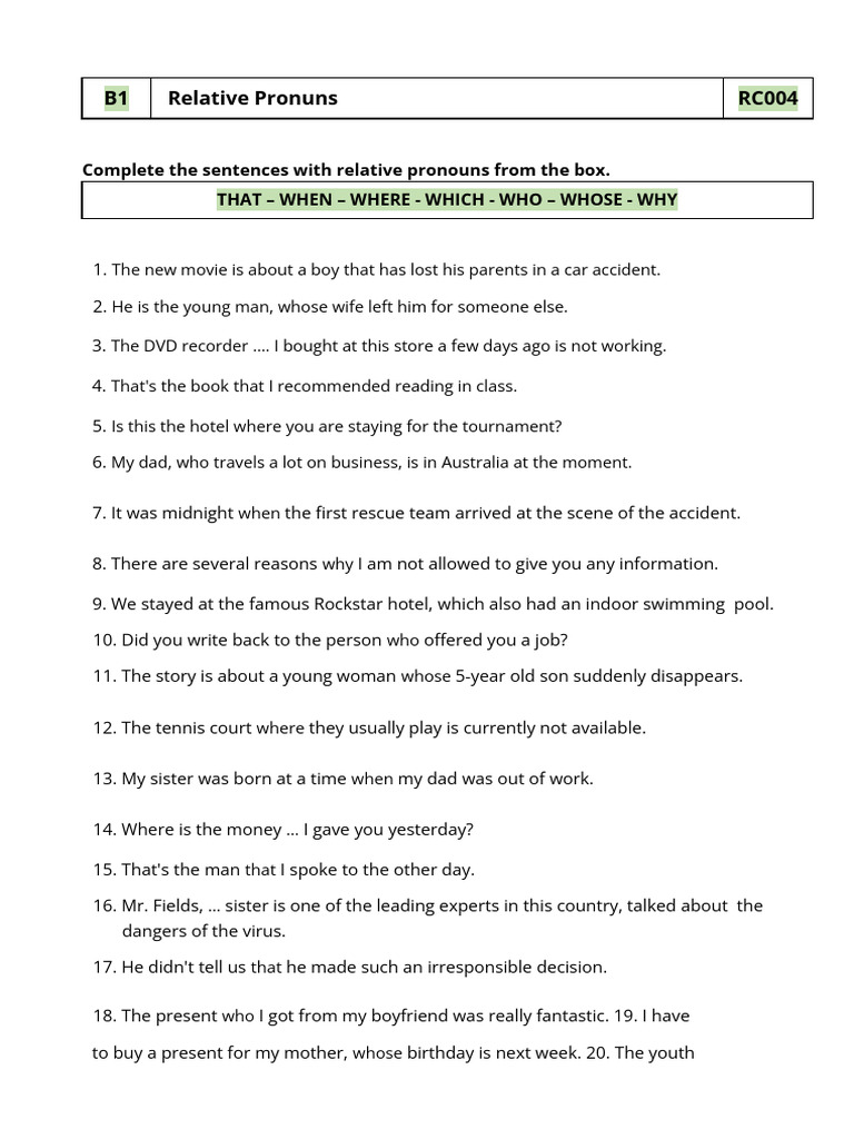 Relative Pronouns Exercise and Answers | PDF | Chess Openings | Chess ...