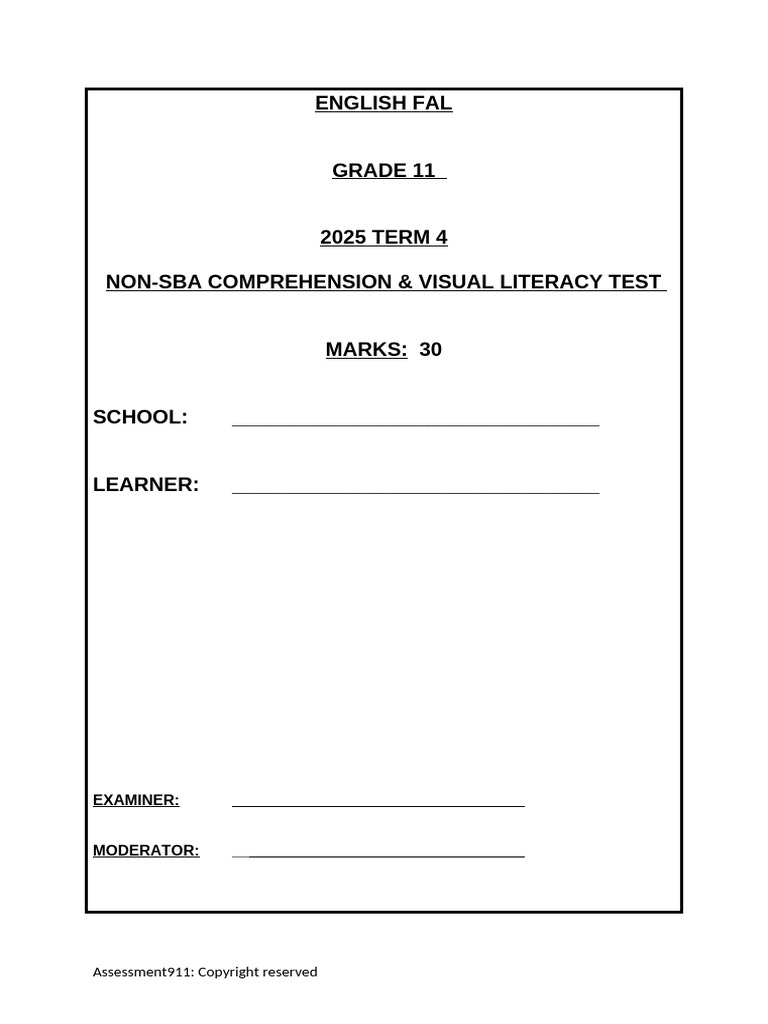 202504 KDV 2025 11ENG FAL T4 COMPREHENSION & VISUAL LITERACY TEST | PDF ...