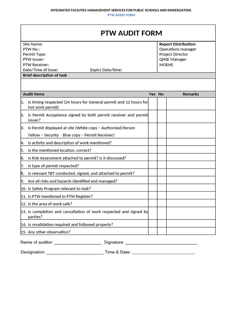 PTW Audit Form for School Facilities | PDF