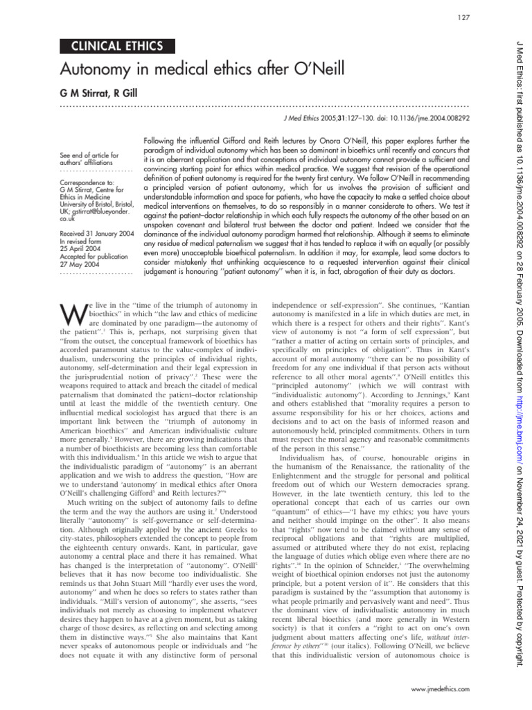 Autonomy in Medical Ethics After ONeill | PDF | Autonomy | Medical Ethics