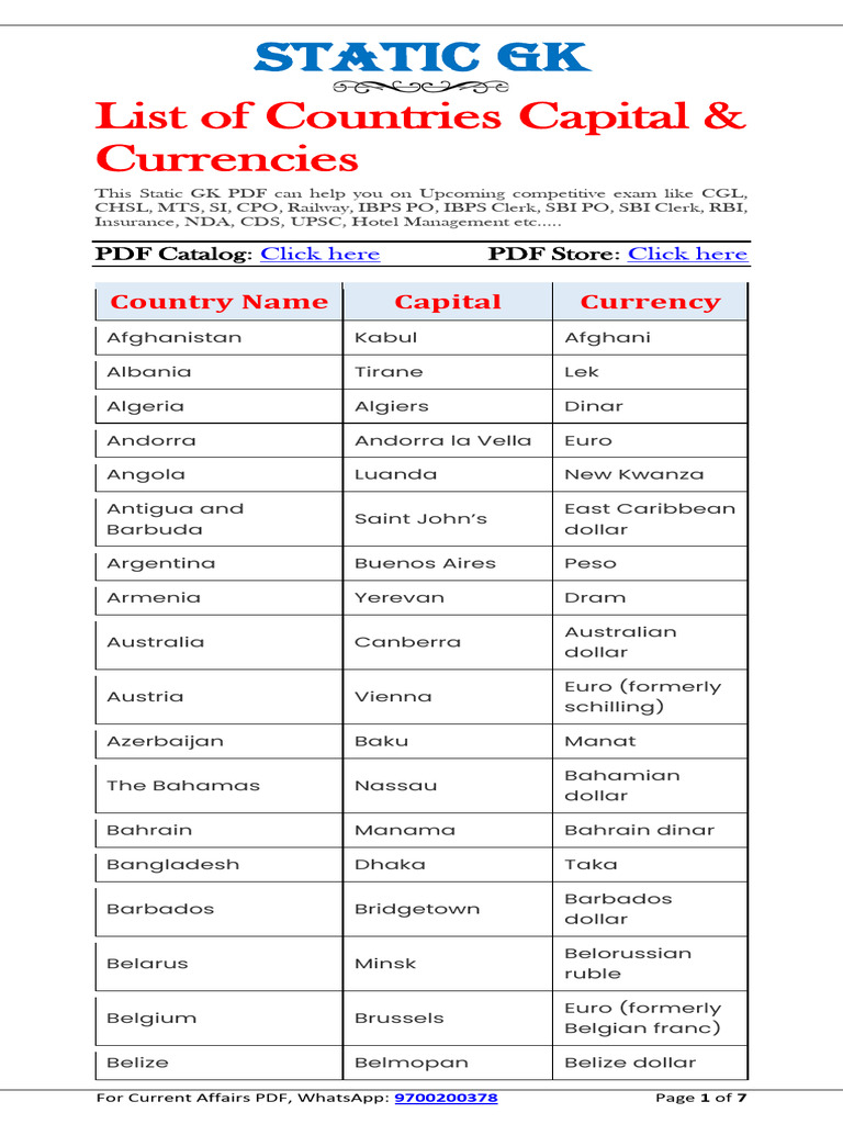 Countries, Capitals, and Currencies Guide | PDF | International Finance ...