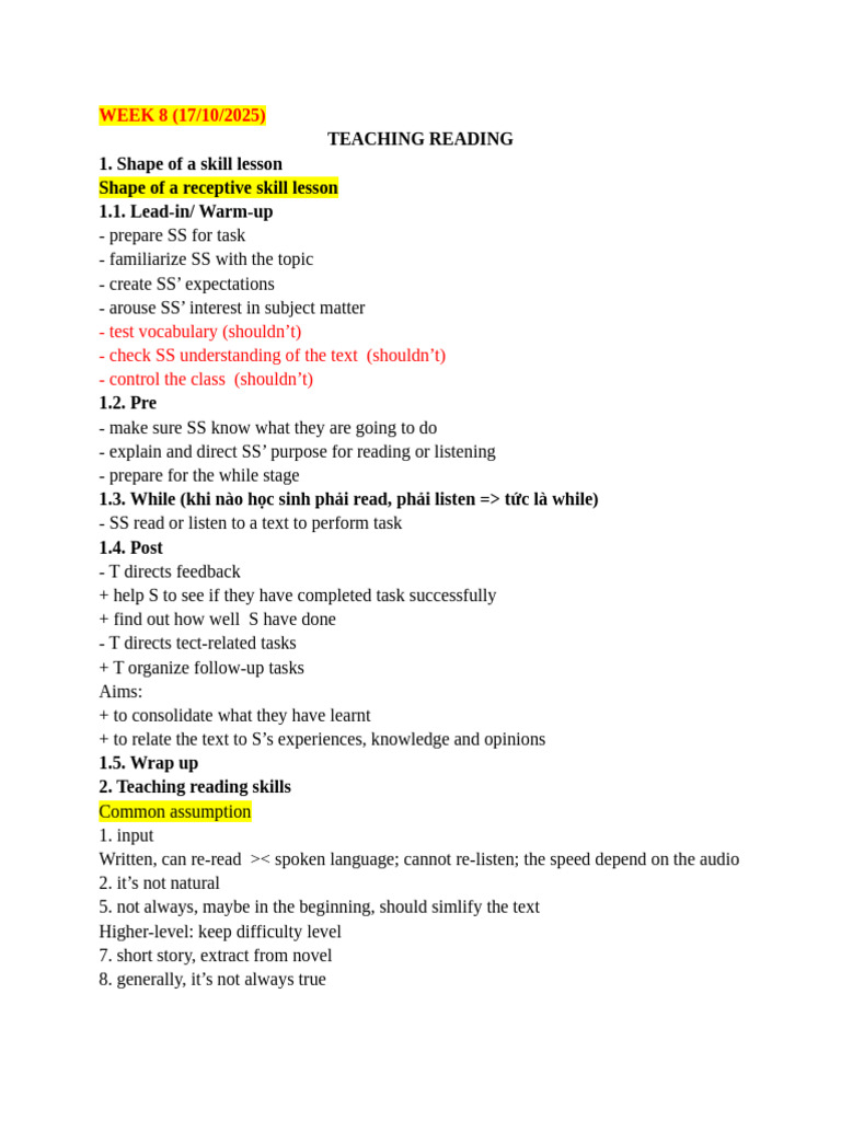 WEEK 8 - Teaching Reading | PDF | Reading Comprehension | Vocabulary