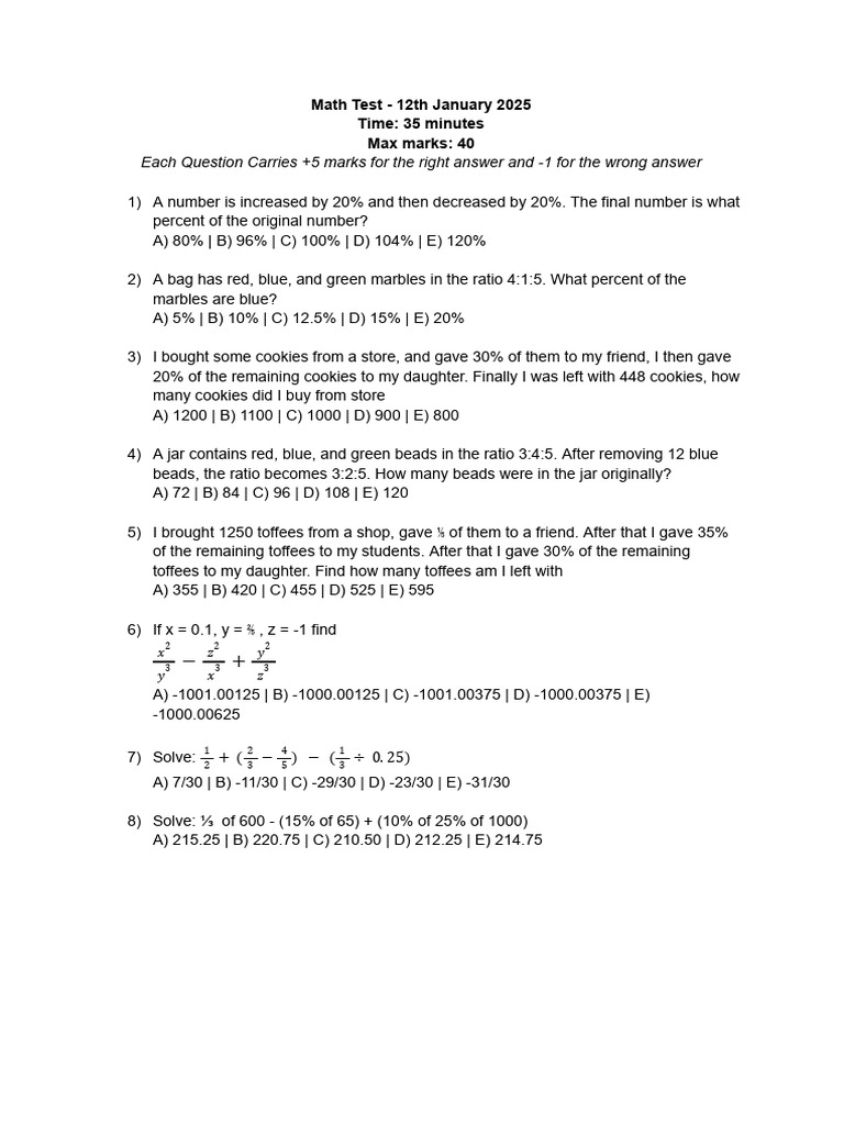 Math Test Questions - January 2025 | PDF