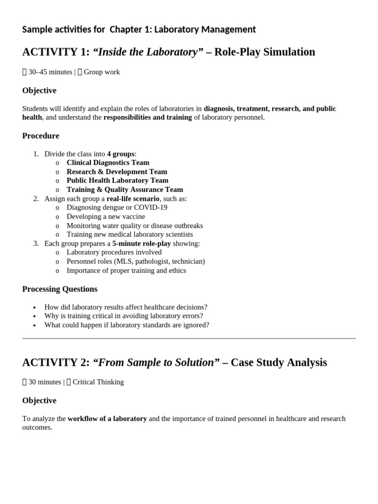 Laboratory Management Activities Guide | PDF | Laboratories | Medical ...
