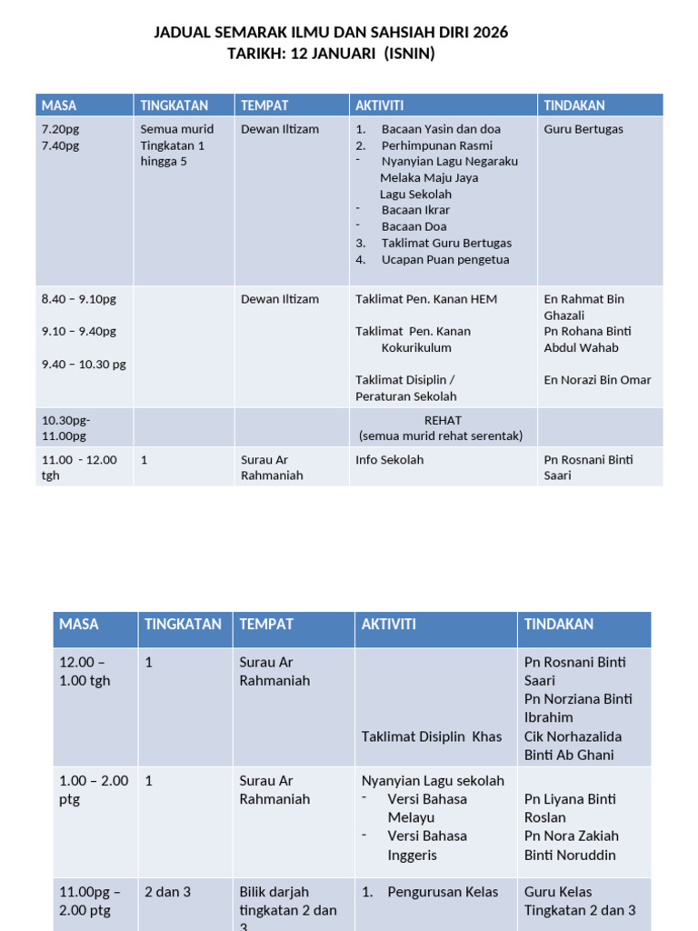 JADUAL SEMARAK ILMU SMK ADE PUTRA 2026 | PDF