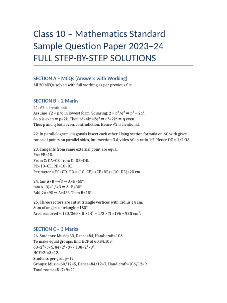 Class 10 Math Sample Paper Solutions | PDF | Triangle | Elementary Geometry