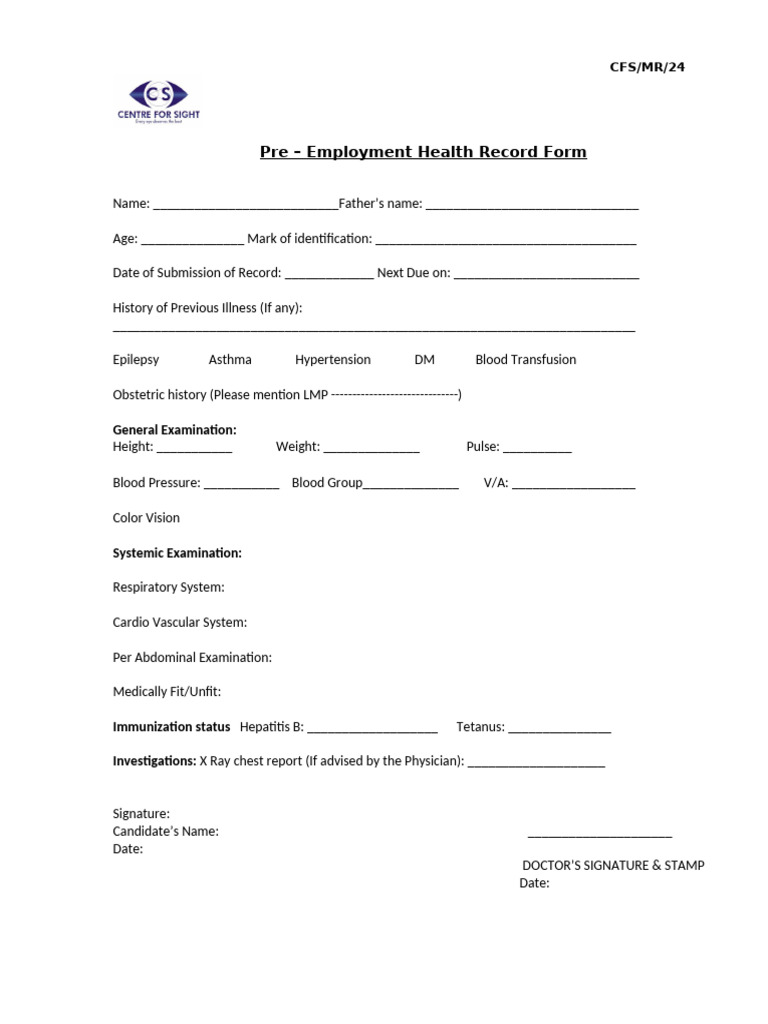 Pre-Employment Health Record Form | PDF
