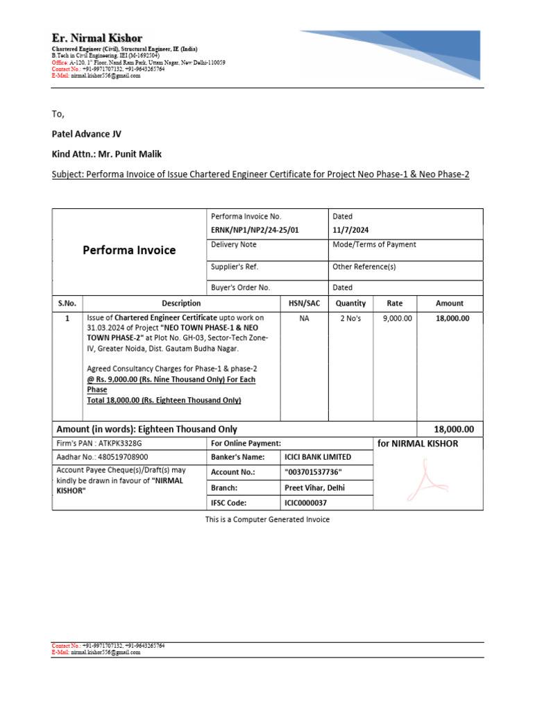 CE Certificate_invoice_Neo Town Phase-1 & Phase-2_31.03.2024 | PDF | Money