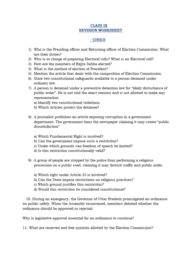 Class IX Civics Revision Worksheet | PDF | Constitution | Government