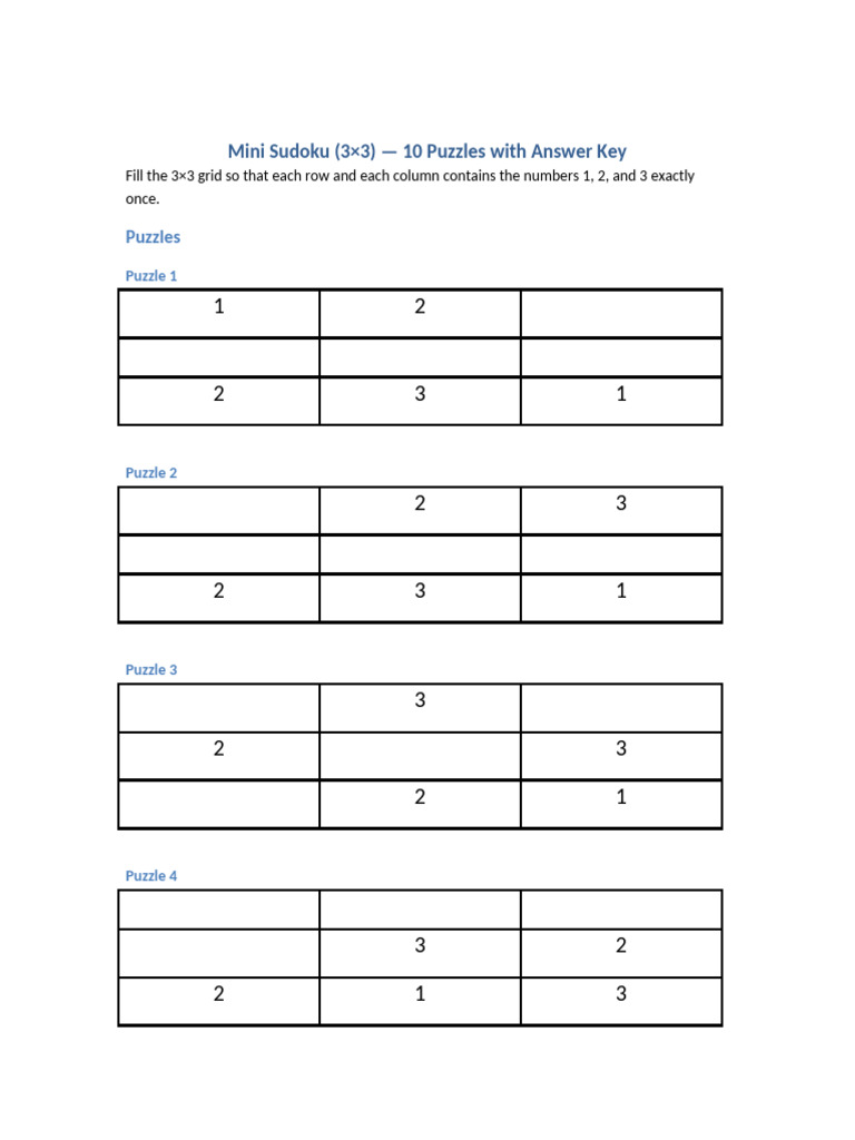 Mini Sudoku 3x3 Puzzles with Solutions | PDF