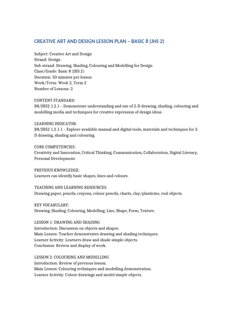 Creative Art Basic 8 Lesson Plan | PDF