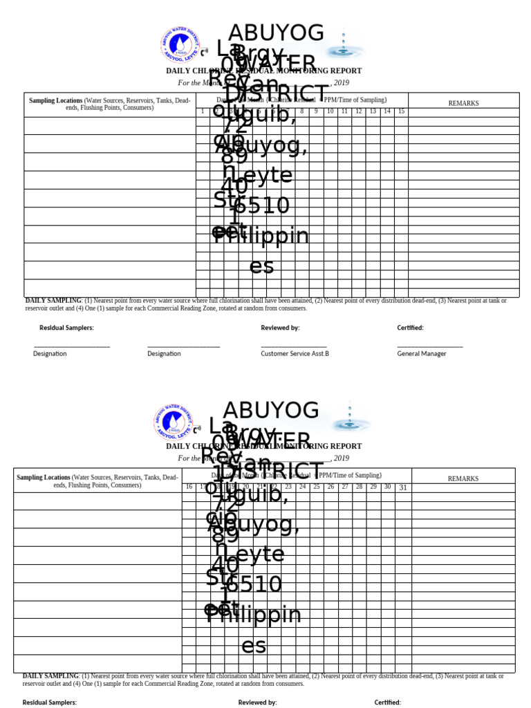 Daily Chlorine Residual Monitoring Report-fin | PDF | Chlorine
