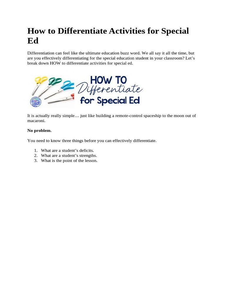 Differentiating Activities for Special Ed | PDF | Educational ...