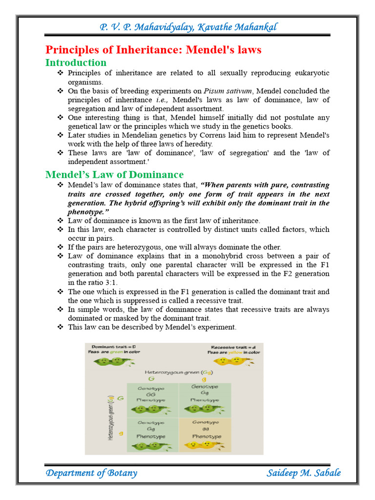 Principles of Inheritance- Mendels Laws | PDF | Dominance (Genetics ...