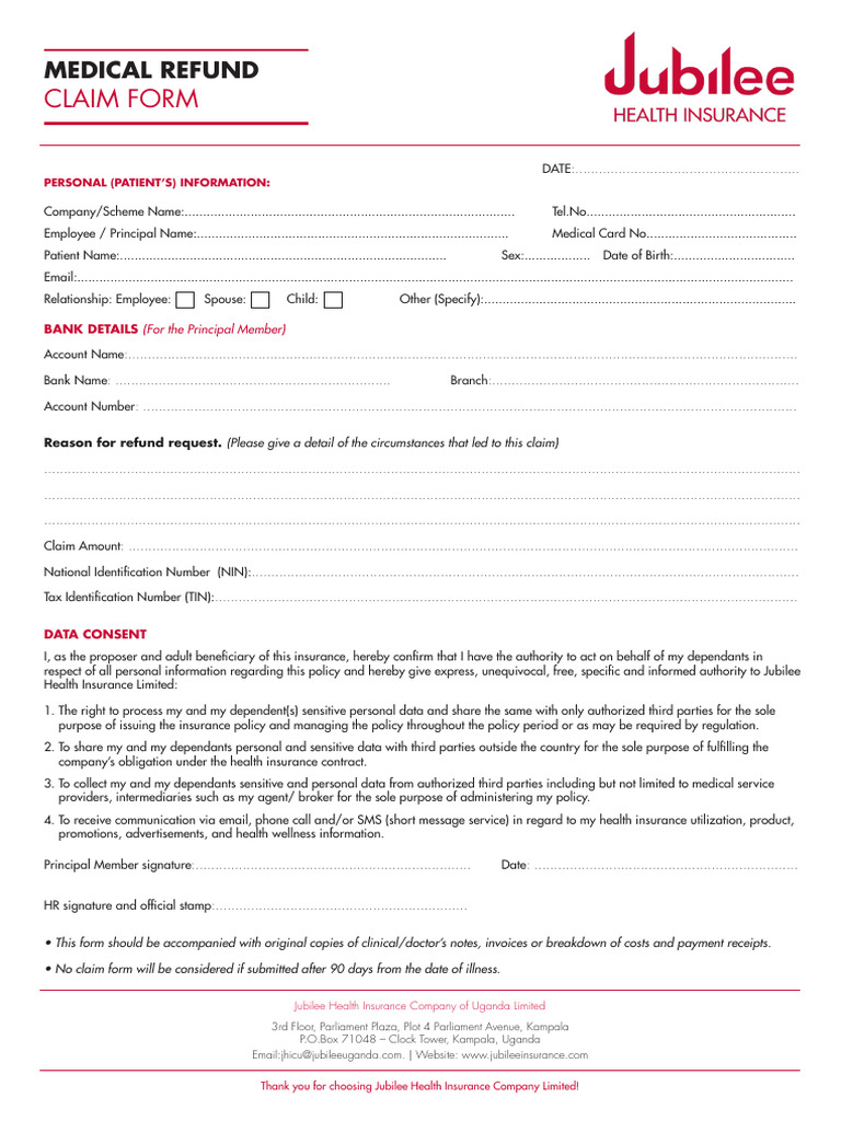 Jubilee Medical Refund Claim Form WITH TIN | PDF | Insurance | Receipt