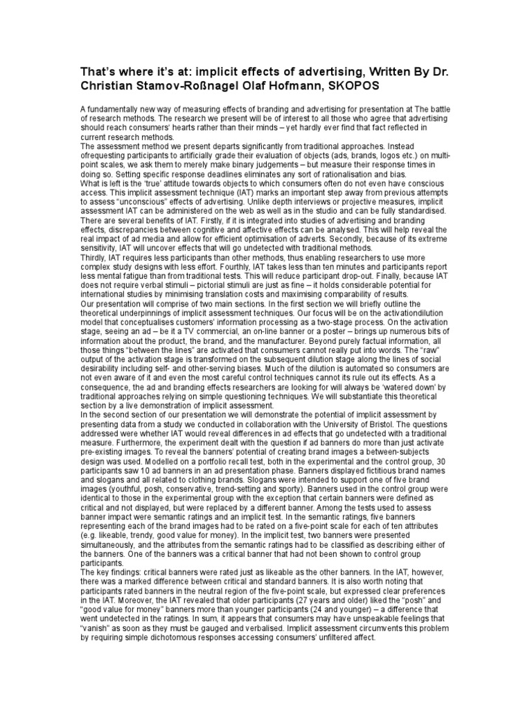 Implicit Effects of Ads | PDF | Advertising | Brand