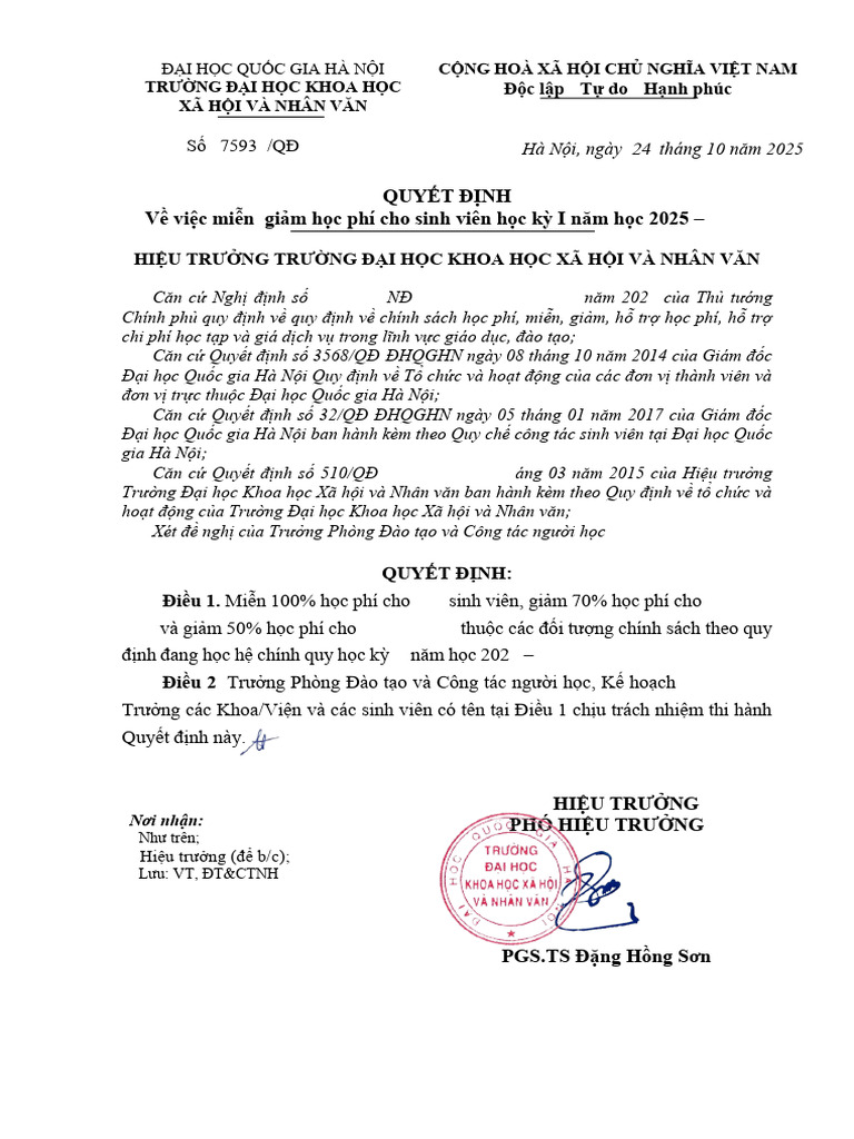 Signed.signed.signed.25.26 Quyết Định Nhận Miễn Giảm HP Kì 1 Năm Học 2025-2026-Merged | PDF
