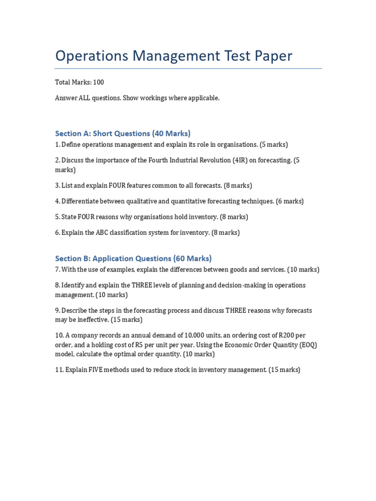 Operations management (CBMB022)-2025-Test Paper | PDF