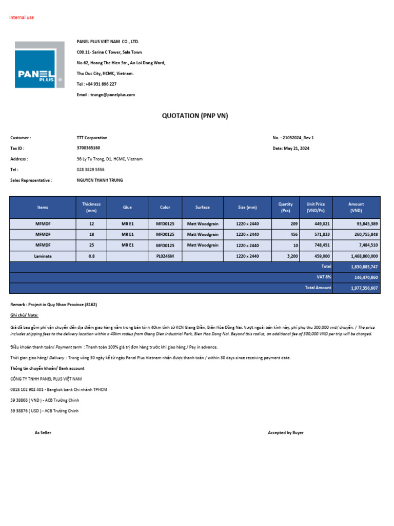 Rev 1 - Quotation Panel Plus-TTT (Project in Quy Nhon-8126) | PDF