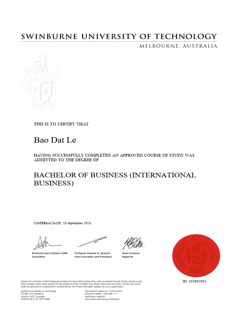 Bachelor of Business Certification: Bao Dat Le | PDF