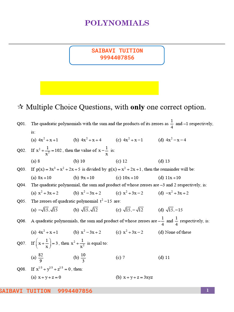 Polynomial Multiple Choice Questions | PDF | Zero Of A Function ...