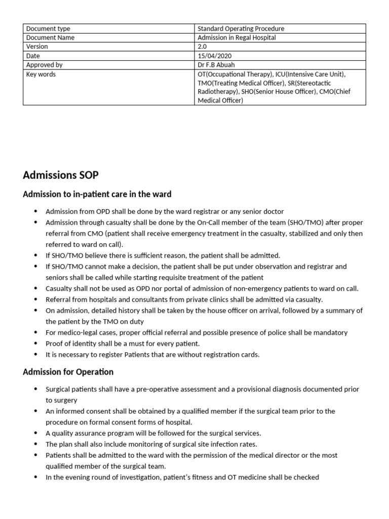 Admission SOP | PDF | Surgery | Patient