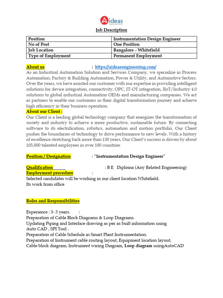 Job Description - Instrumentation Engineer (SPI) | PDF | Automation ...