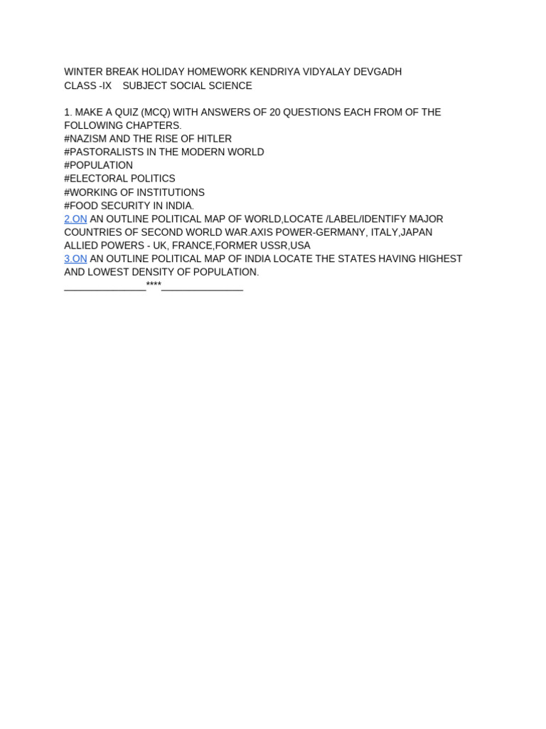 Ix-winter Break Holiday Homework, Sst | PDF