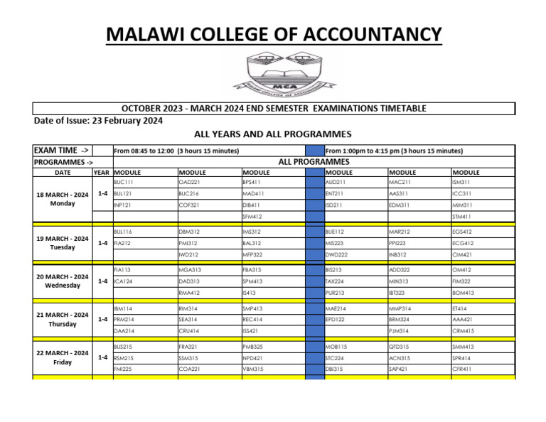 Revised OM2024 End Semester Exam Timetable 23 Feb 2024 | PDF | Academic ...