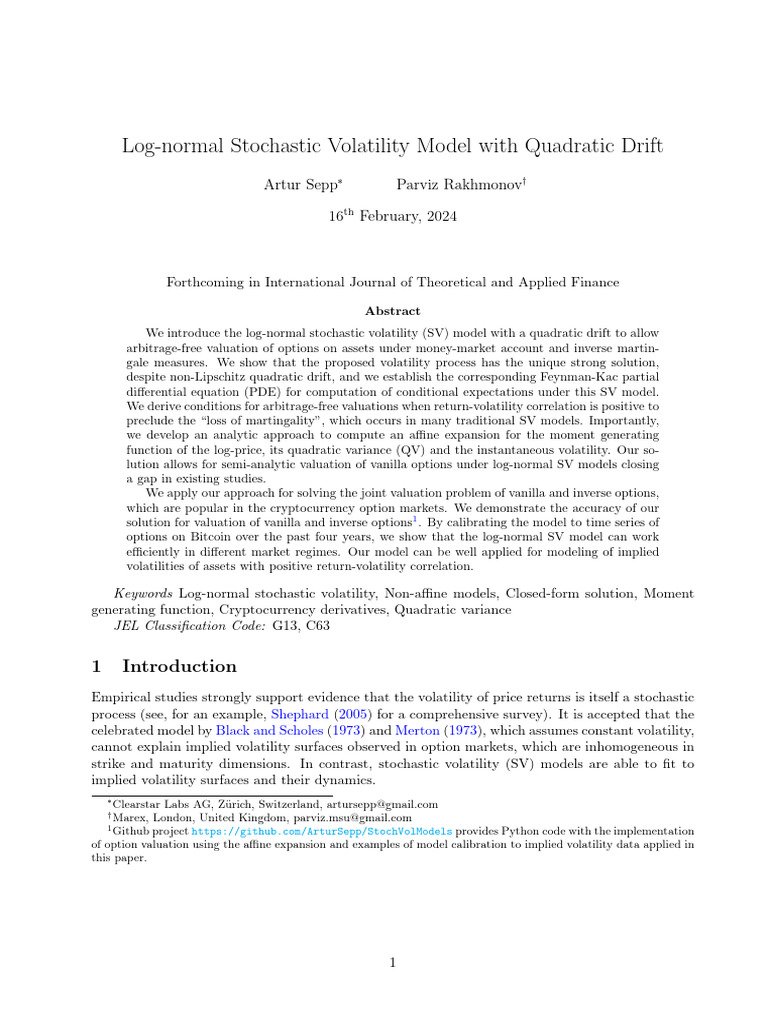 Log-normal Stochastic Volatility Model With Quadratic Drift.pdf | PDF ...