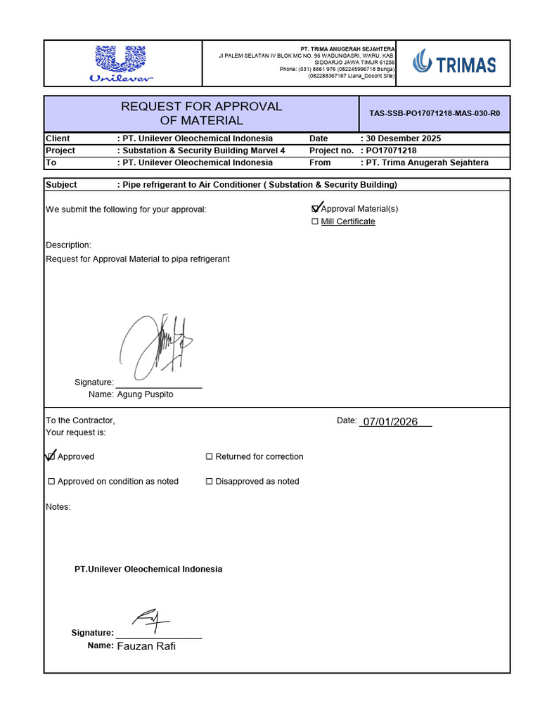TAS-SSB-PO17071218-MAS-030-R0 Pipe Refrigerant to Air Conditioner ( Substation & Security ...