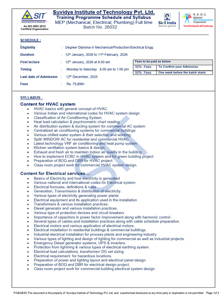 MEP Training Schedule and Syllabus | PDF | Solar Power | Electric Power
