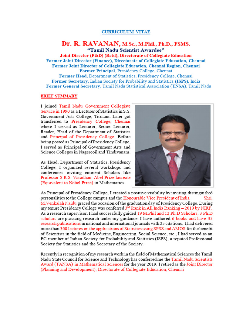 Dr R Ravanan Profile_1_5_2025_250512_153605 | PDF | Lecturer | Statistics