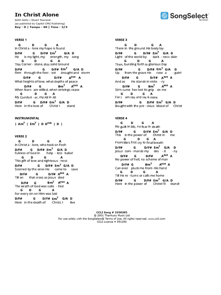 In Christ Alone Chords D | PDF | Systematic Theology | Theology