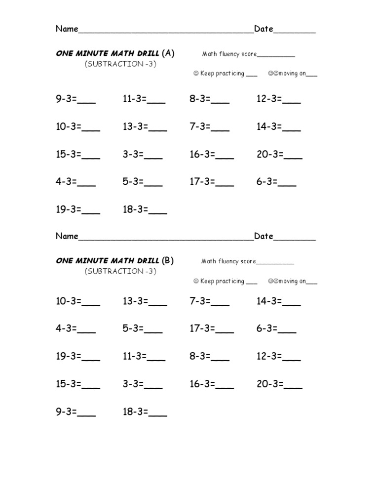 One Minute Math Drill Subtraction | PDF