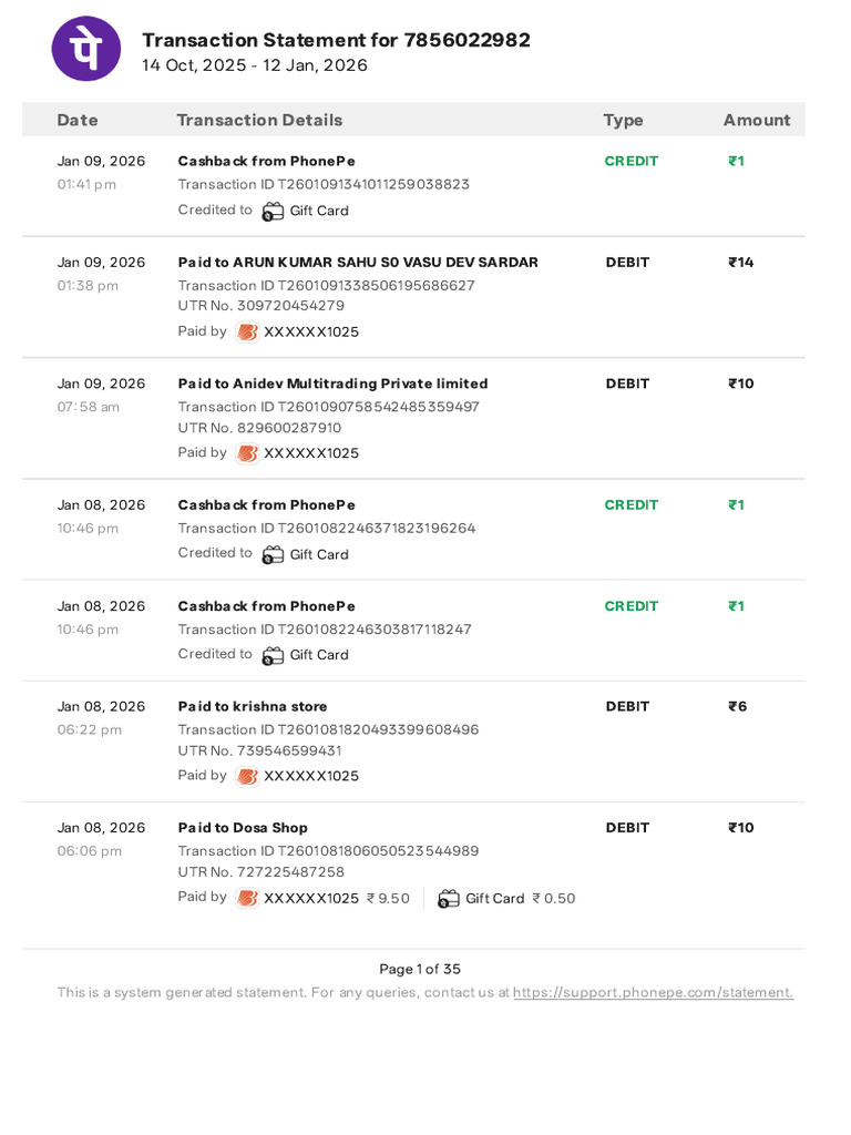 PhonePe Transaction Statement Summary | PDF | Credit Card | Debit Card