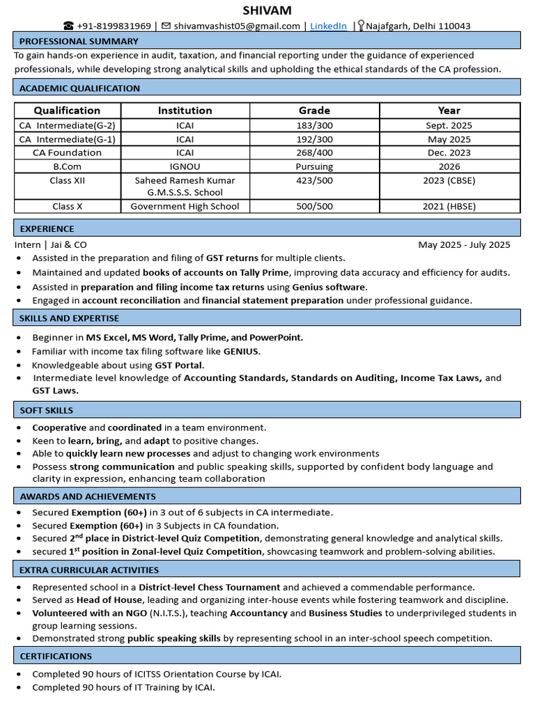 Shivam Resume | PDF | Accounting | Learning
