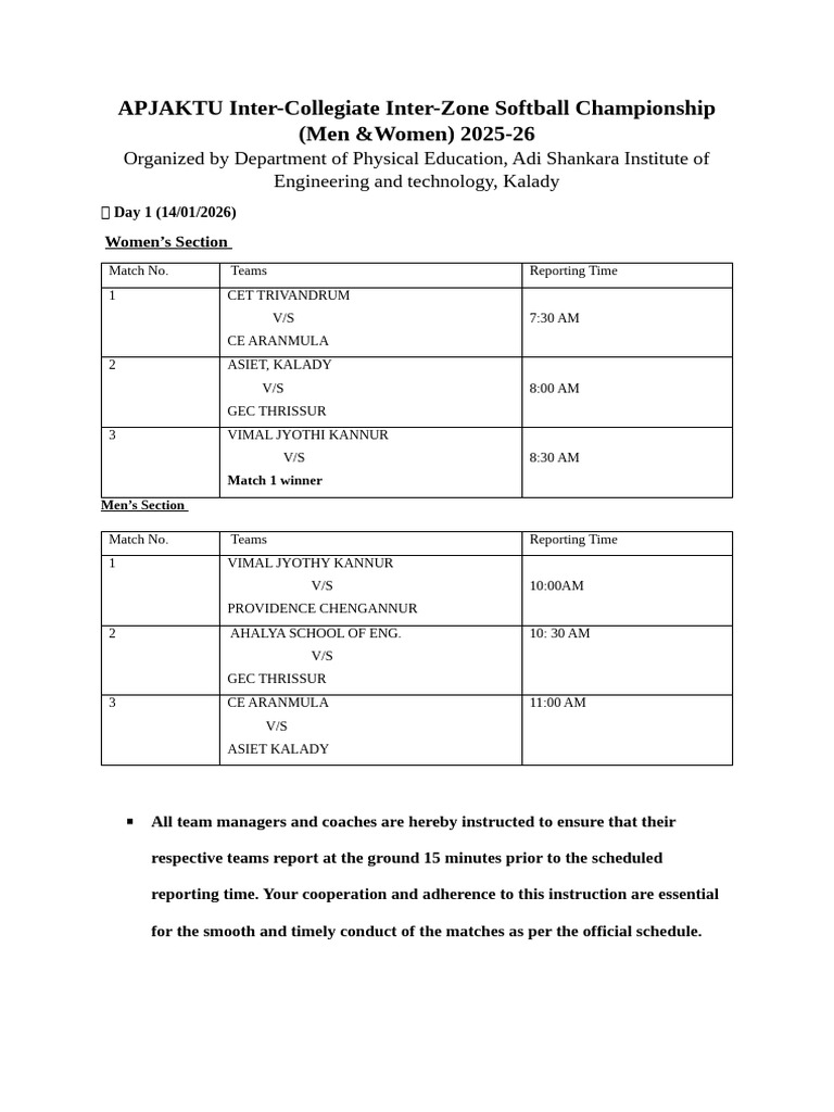 Time Schedule Softball | PDF