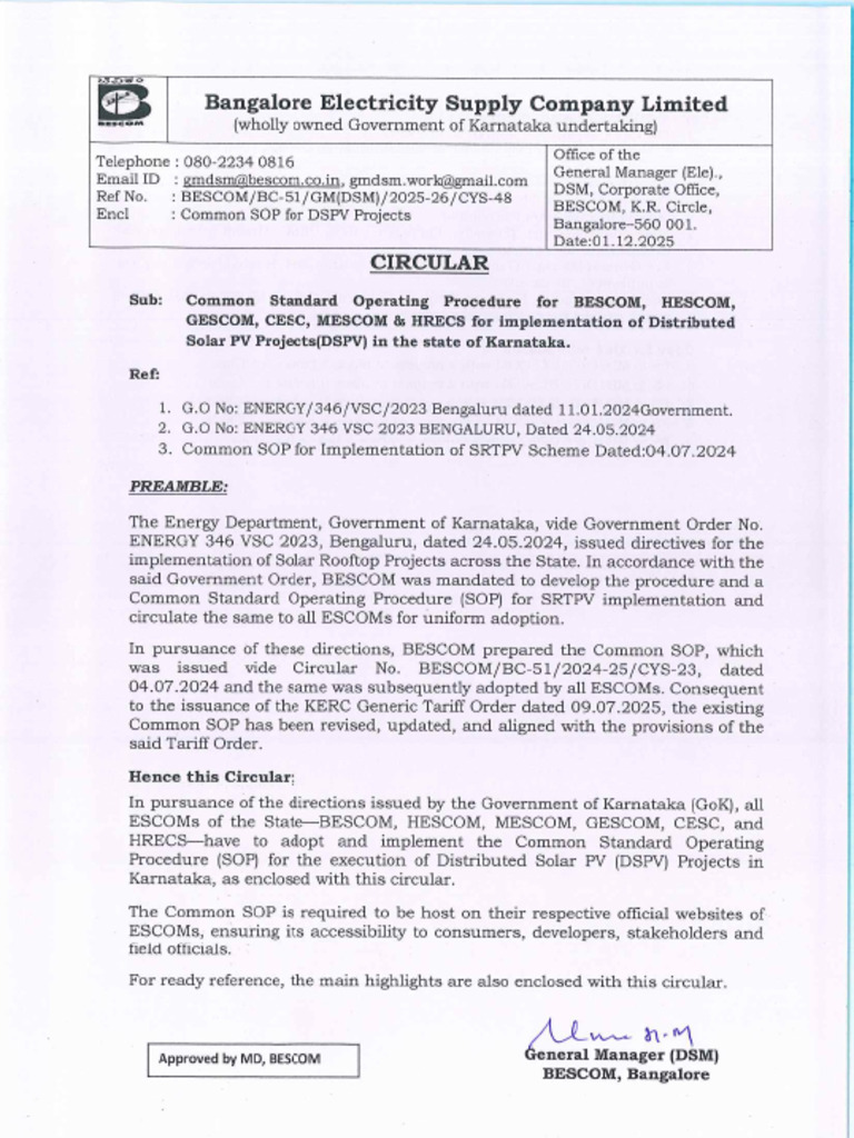 Bescom - Sop - Solar | PDF | Photovoltaic System | Solar Power