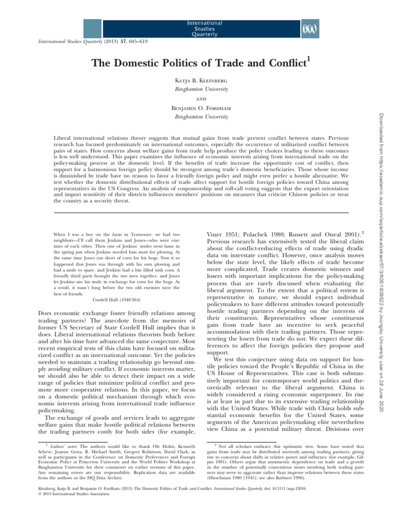 The Domestic Politics of Trade and Conflict | PDF | Policy | China
